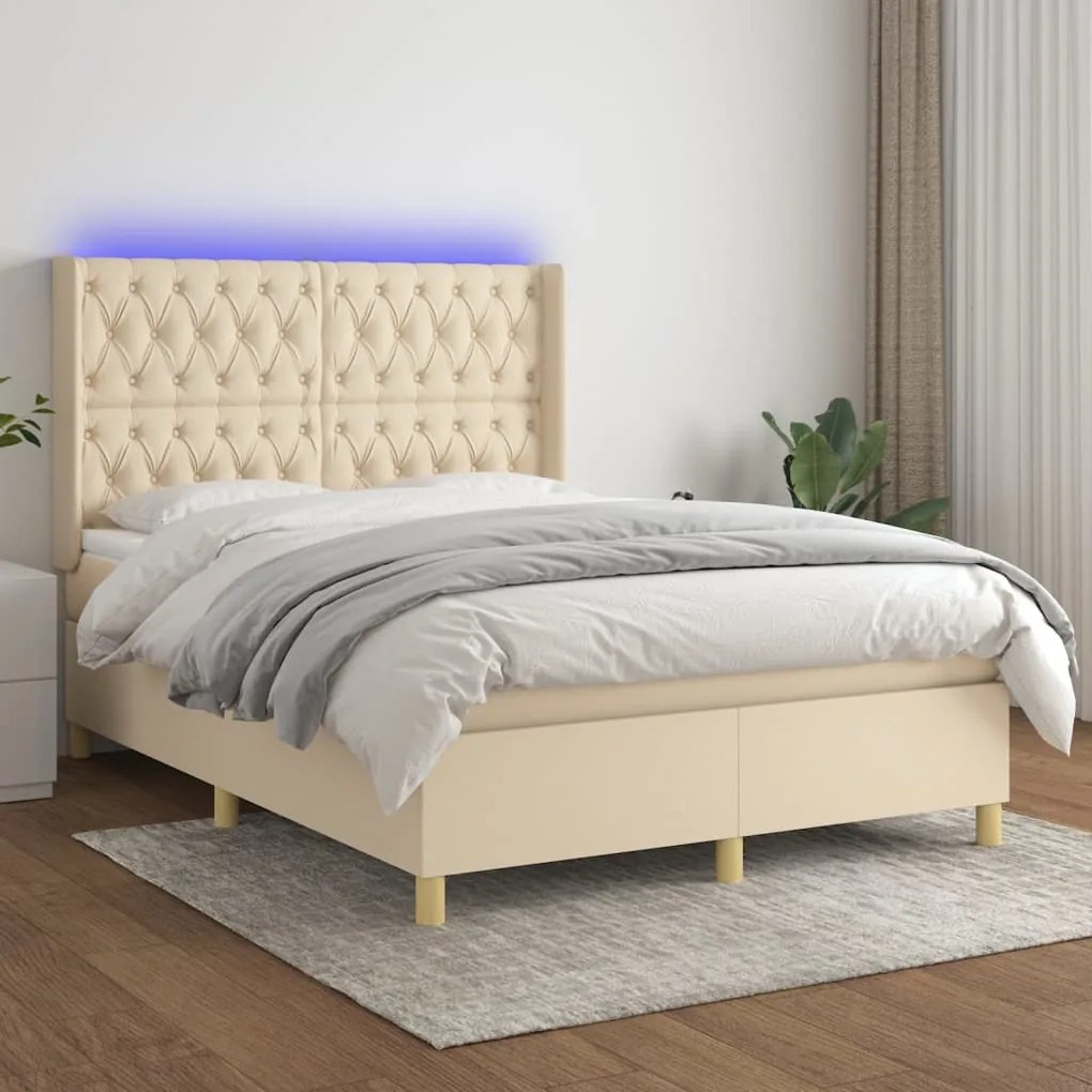 Box spring postel s matrací a LED krémová 140x200 cm textil