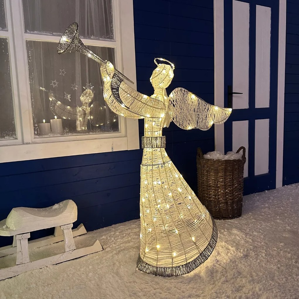 3D LED svítící anděl s trubkou, 122 cm, venkovní, teple bílá, 120 LED, IP44