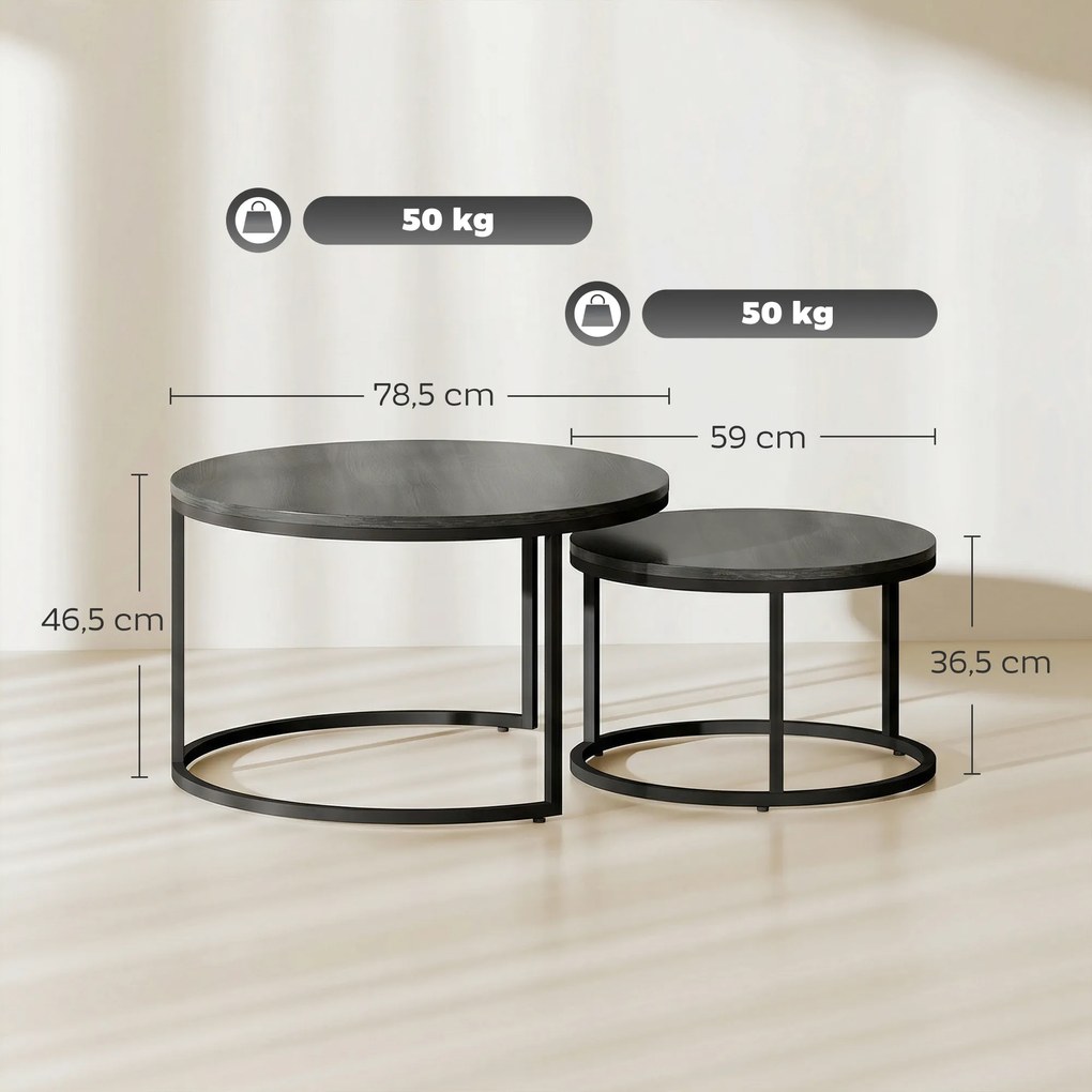 HOMCOM 2dílná sada kulatých zasouvacích stolků s kovovým rámem, vršky v dekoru dřeva, černá — 78,5 × 78,5 × 46,5 cm