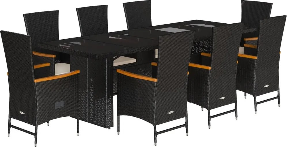9dílný zahradní jídelní set s poduškami černý polyratan 3277533