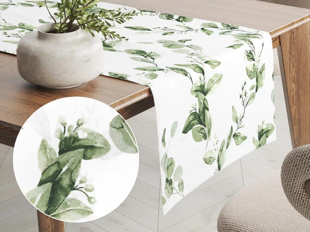 Biante Bavlněný běhoun na stůl Sandra SA-422 Zelené listy na bílém 20x140 cm