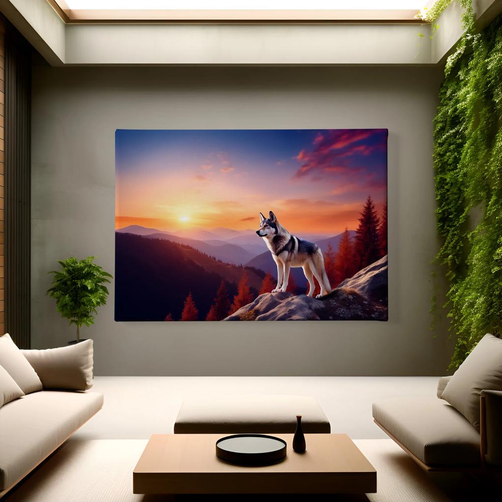 Obraz na plátně - Vlk na skále s magickým západem slunce FeelHappy.cz Velikost obrazu: 180 x 120 cm