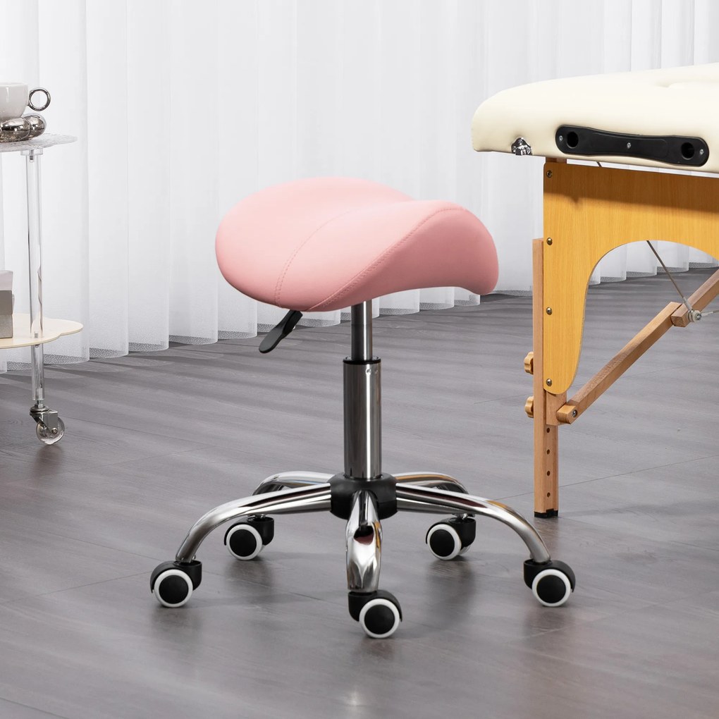 HOMCOM Výškově nastavitelná stolička 49-61 cm pracovní stolička 360° otočná stolička kancelářská stolička pro kancelář, salon, masáž, spa Růžová