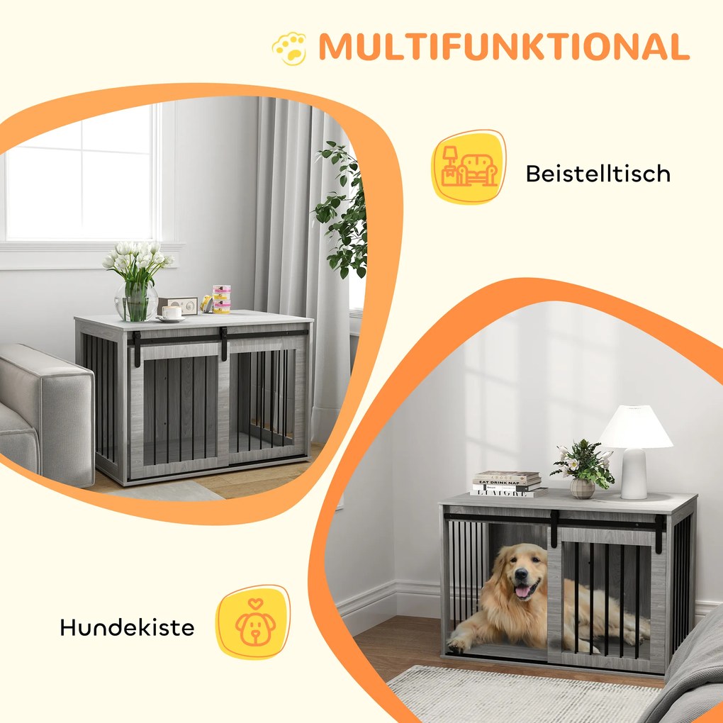 Domácí klec pro psy PawHut, uzamykatelná bouda pro psy s vchodem, box pro psy s posuvnými dveřmi, bouda pro velké psy do 30 kg, šedá, 98 x 58 x 61 cm