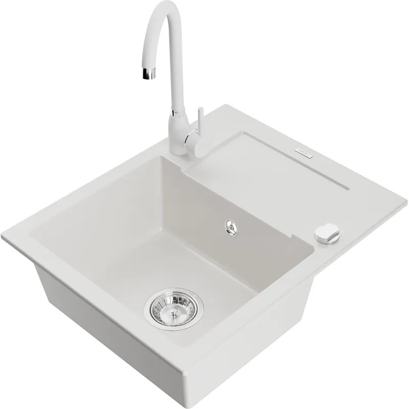 Mexen Enzo, 1-komorový granitový dřez s odkapávačem 58x47 cm a kuchyňskou baterií Telma, bílá, 6506-20-670200-20