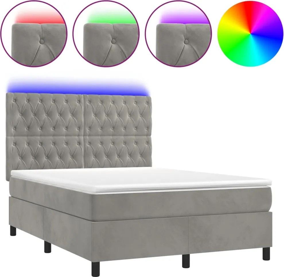 Box spring postel s matrací a LED světle šedá 140x200 cm samet 3136305