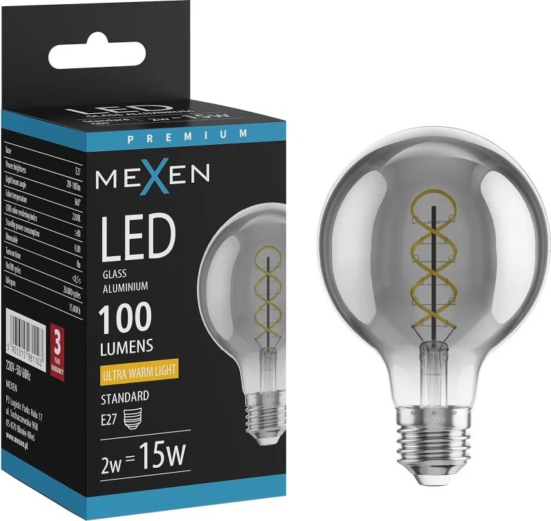 Mexen Vintis, LED filamentová žárovka E27, G80, 2 W, kouřová 2200K, kouřová, L165-E27-0222-70