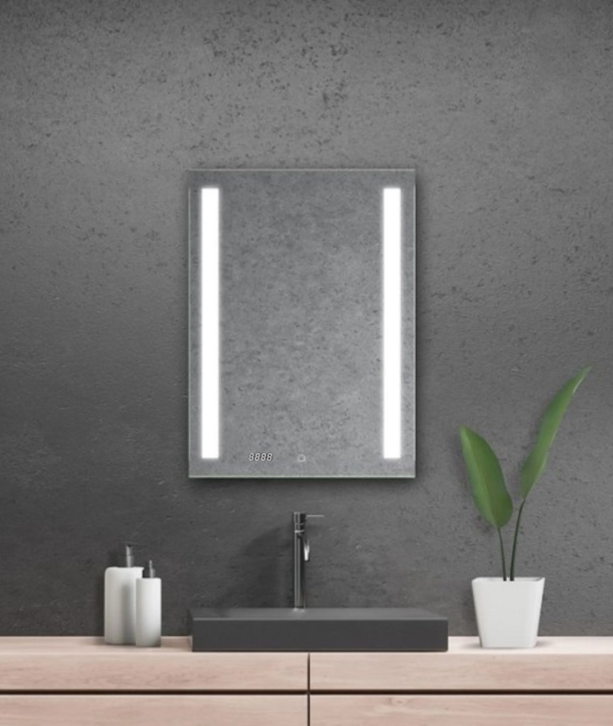 Zrcadlo na zeď chodbu do pokoje ložnice koupelny předsíně LUMINA SENZOR TIME - 80 x 60 cm se dvěma  LED podsvícenými pruhy a  s digitálními hodinami 412-016