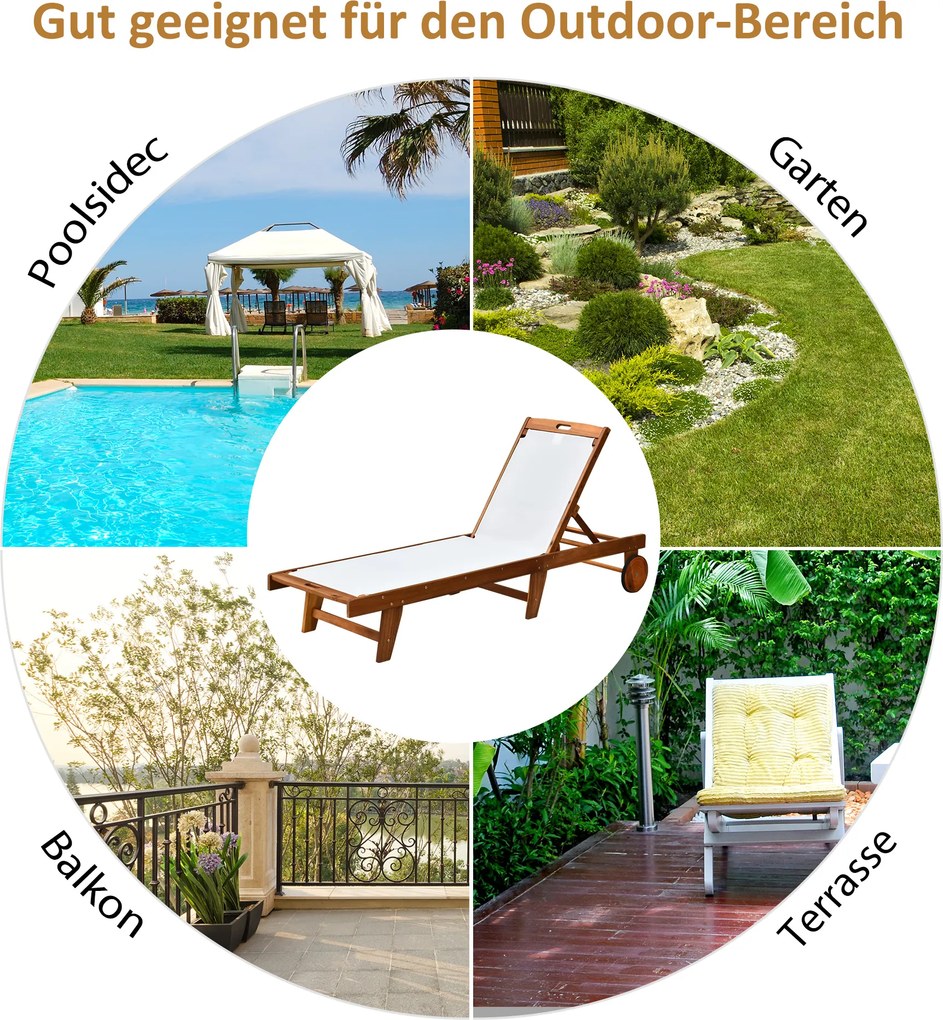 Outsunny Lehátko Relaxační lehátko Zahradní nábytek nastavitelný Akáciové dřevo Textil Přírodní+bílá 198 x 55 x 30-88,5 cm