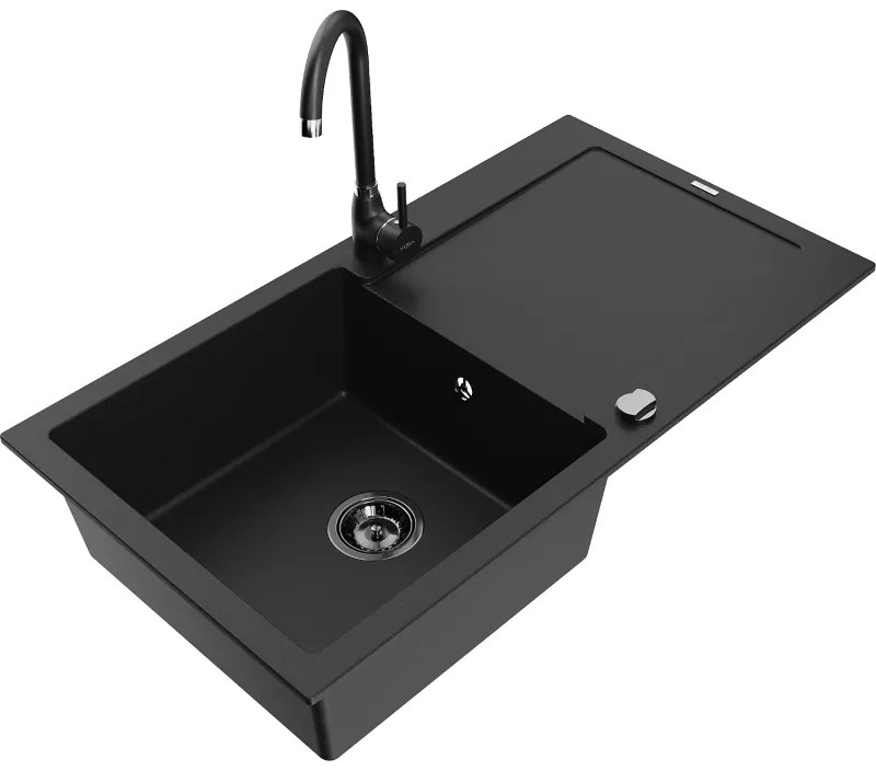 Mexen Leo, dřez granitový 900x500x190 mm, 1-komorový a černá baterie Telma, černá, 6501-77-670200-70-B