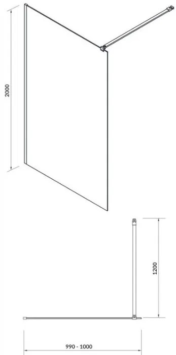 Cersanit Mille, sprchová zástěna typu Walk-In 100x200 cm, 8mm čiré sklo, černý profil, S161-003