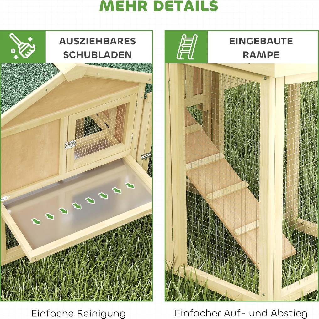 Kurník Dřevěný kurník s hnízdištěm, nepromokavou střechou, bidlem, výběhem, rampou, 204x85x93 cm přírodní dřevo