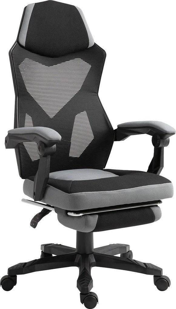 Herní kancelářská židle Vinsetto s nastavitelnou výškou, otáčecími kolečky a podnožkou, síťovina, 58L x 63W x 112-122H cm, šedá a černá
