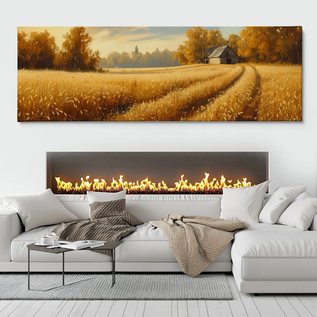 Obraz na plátně - Opuštěná stodola u zlatavého pole FeelHappy.cz Velikost obrazu: 120 x 40 cm