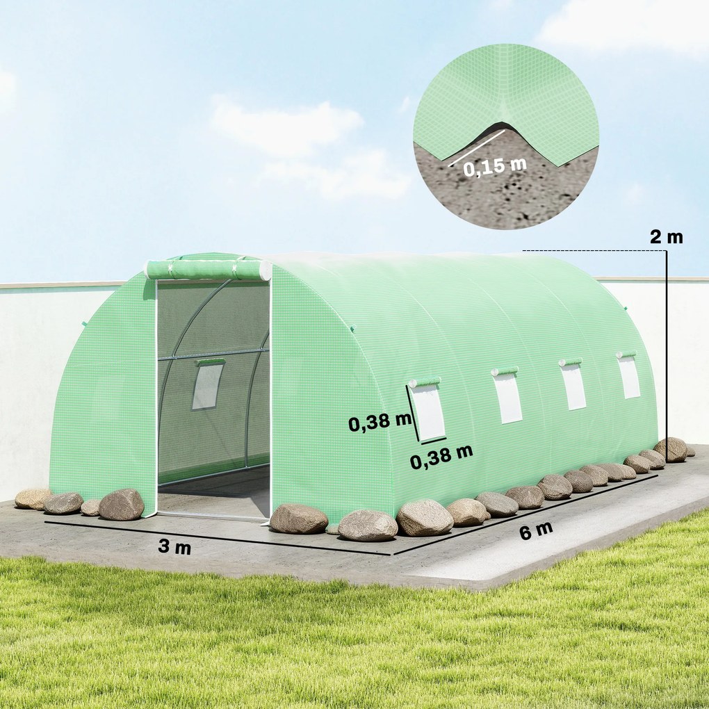 Outsunny Fóliový skleník, průchozí, 8 oken se sítí proti hmyzu, robustní fólie, ocelový rám, 6 x 3 x 2 m, zelený