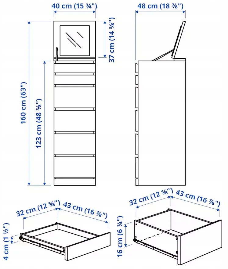 IKEA MALM Komoda, 6 zásuvek 40x123 cm bílá, zrcadlo