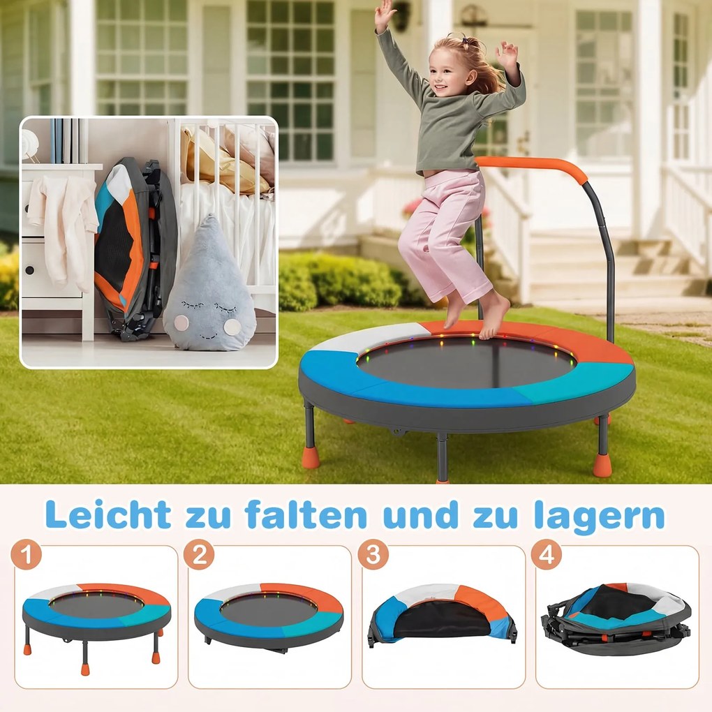 Costway Dětská trampolína Ø90 cm s LED osvětlením a madlem a taškou na přenášení