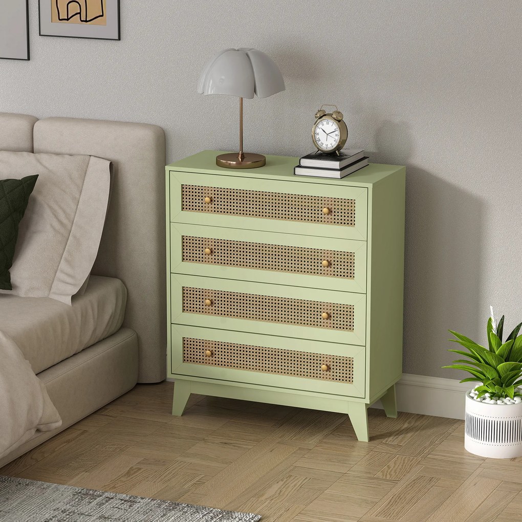 HOMCOM komoda se 4 zásuvkami, úložný prostor s ratanovým vzorem, světle dřevěná optika, 80 x 35 x 95 cm, zelená