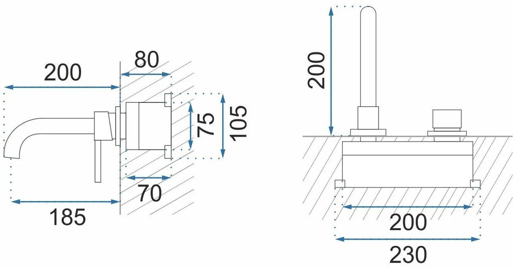 Podomítková umyvadlová baterie REA LUNGO LONG BOX systém, kartáčovaná měď