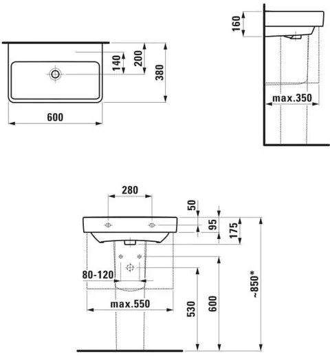 Laufen Pro S Kompaktní umyvadlo 60 x 38 cm bez otvoru a přepadu, bílá H8189590001421