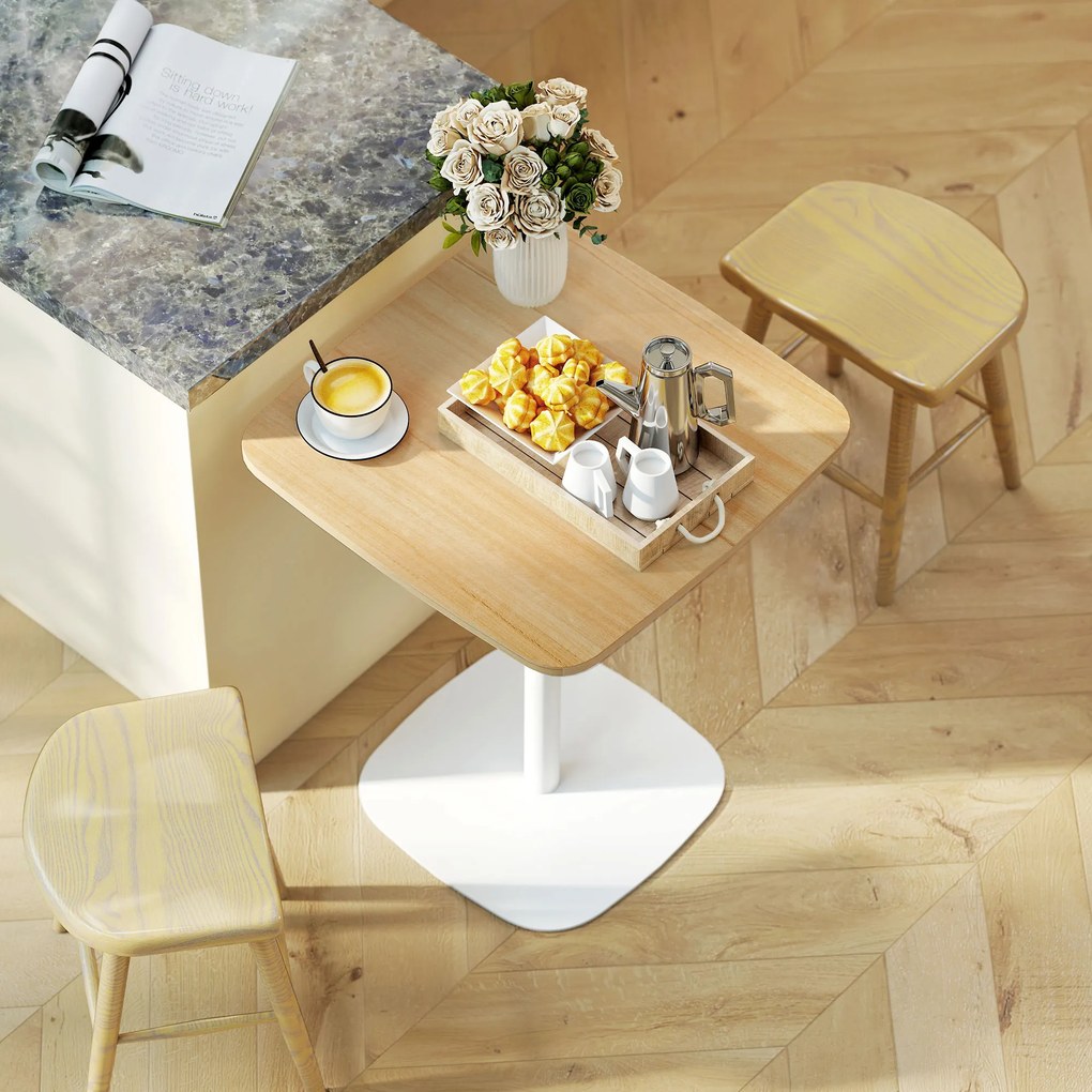 HOMCOM malý čtvercový jídelní stůl pro 2 osoby, čtvercová ocelová podstava, ideální do malých prostor — 60 x 75 cm, přírodní dřevo & bílá