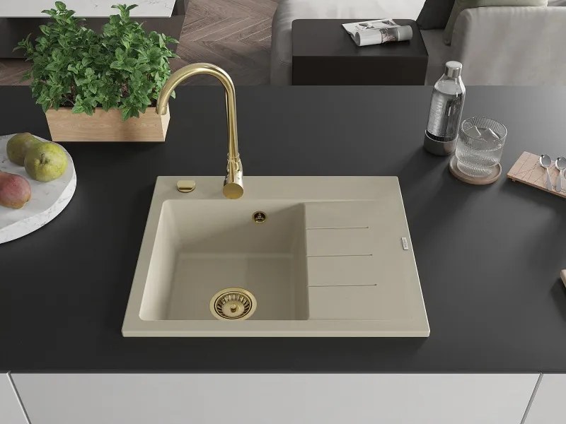 Mexen Ben, 1-komorový granitový dřez 600x500x190 mm, levý + zlatý sifon, béžová, 6522605000-69-G