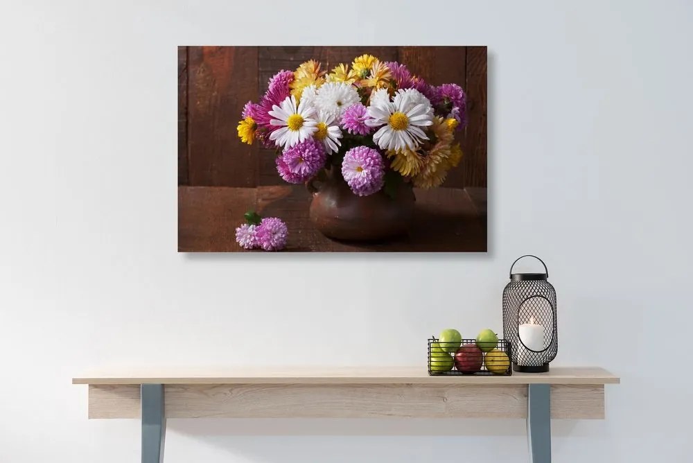 Obraz zátiší s podzimními chryzantémami - 60x40 cm