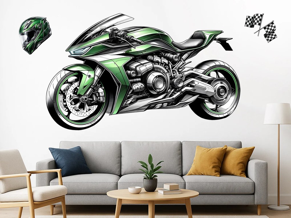 Zelená motorka samolepka na zeď arch 100 x 60 cm
