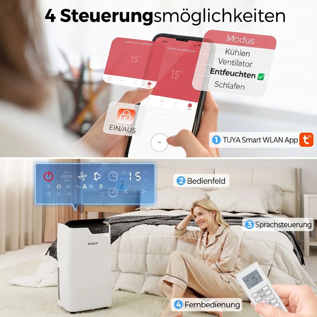 Přenosná klimatizace 12000 BTU, klimatizace s chlazením, odvlhčováním, ventilátorem, režimem spánku, hlasovým ovládáním WiFi