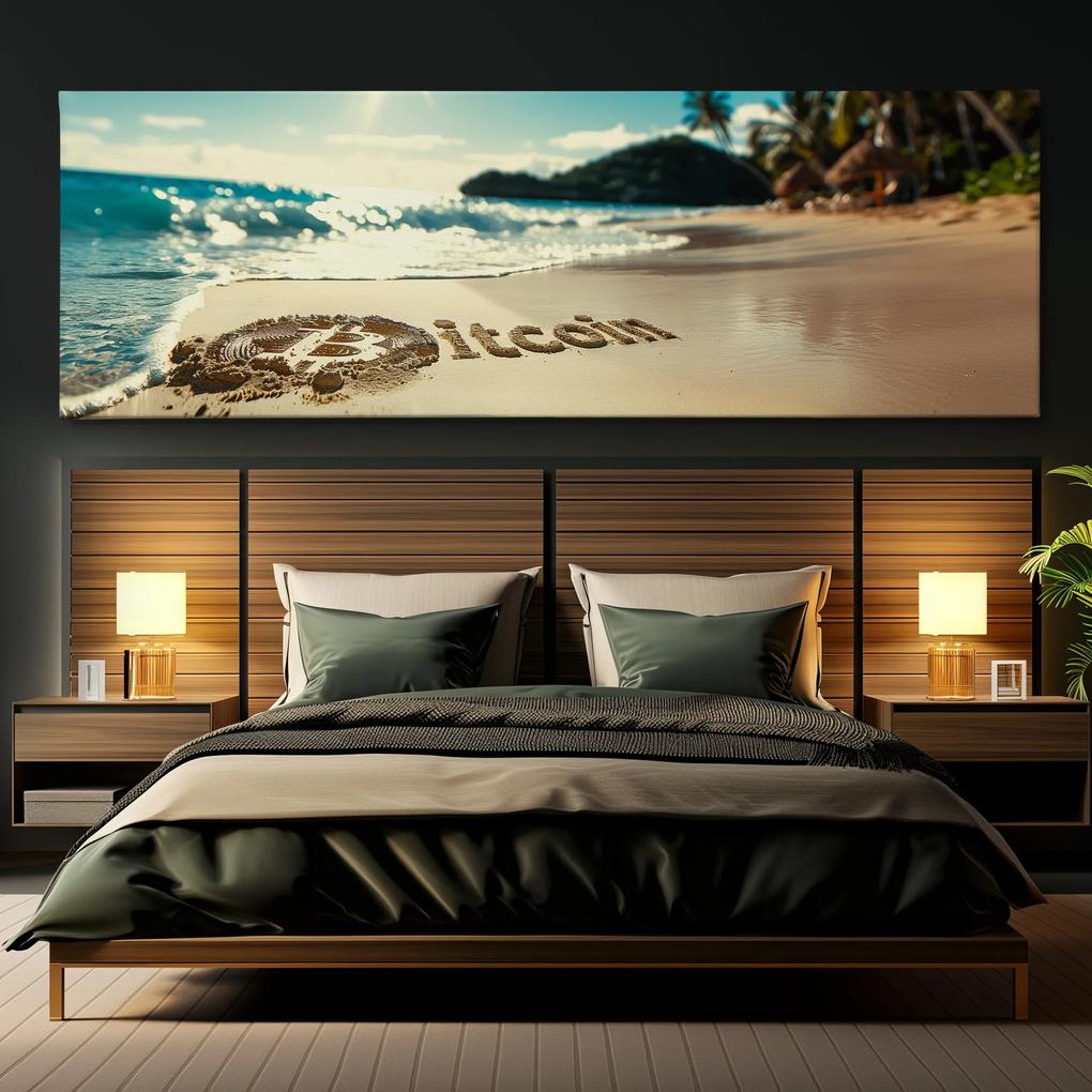Obraz na plátně - Bitcoin Logo na pláži FeelHappy.cz Velikost obrazu: 120 x 40 cm