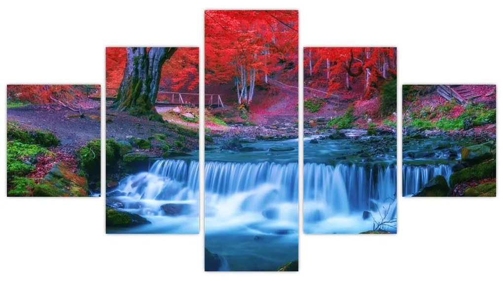 Obraz vodopádu v červeném lese (125x70 cm)