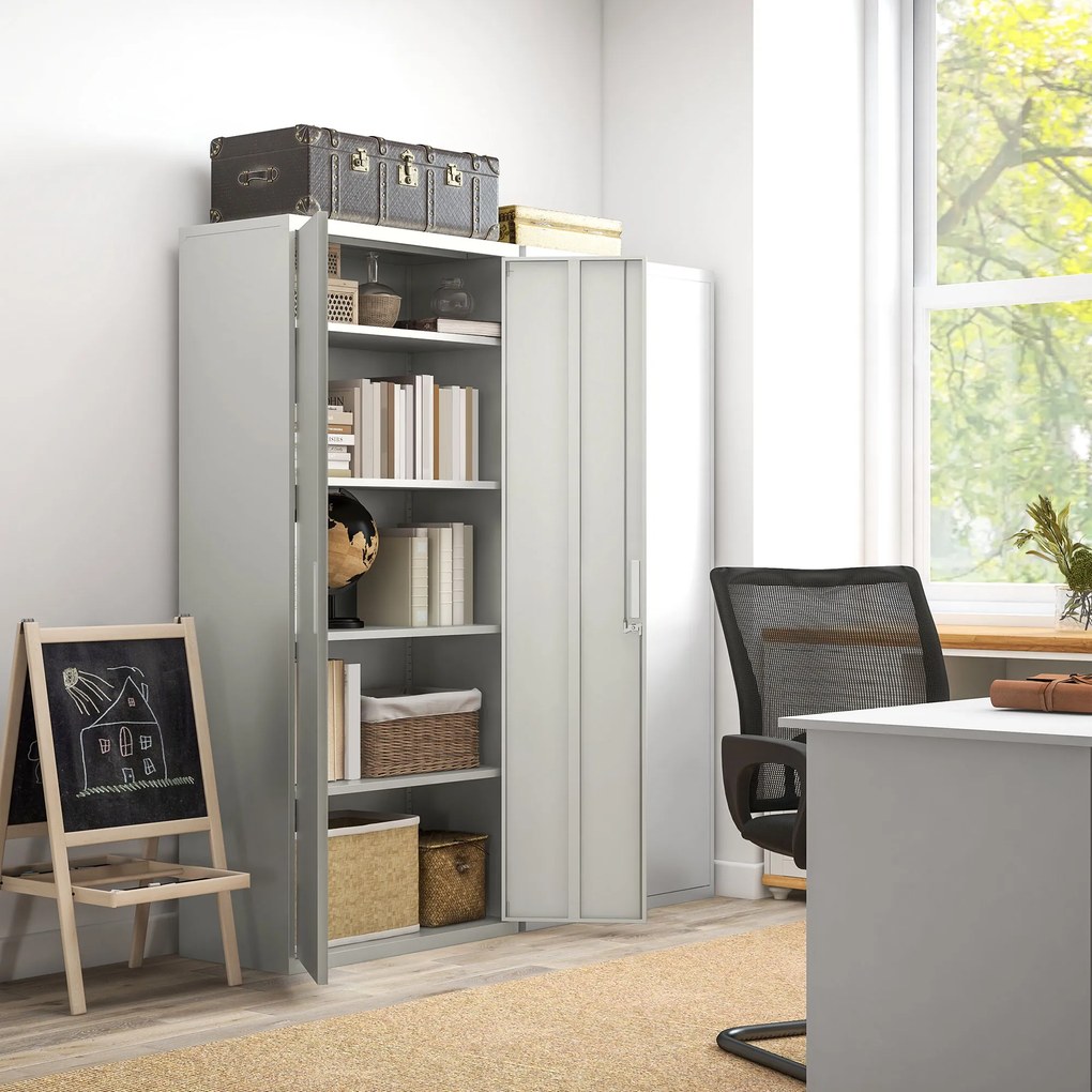 HOMCOM Skříň na dokumenty, kancelářská skříň se 2 dveřmi, 5úrovňová multipurpose skříň s nastavitelností polic, ocelová úložná skříň, pro domácí kanc…