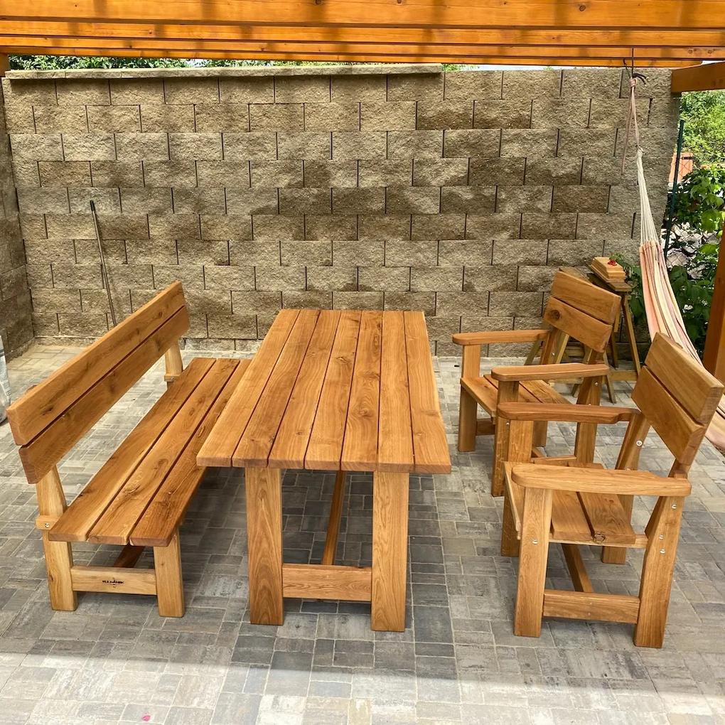 KULHÁNEK Zahradní dubová sestava - stůl, 1x lavice s opěradlem, 2x křeslo (klasické provedení) Délka: 200 cm, Odstín nátěru: lazura - ořech