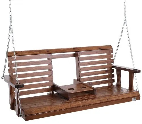 Dřevěná houpačka VEVOR na verandu, 1,5 m, zahradní houpačka na terasu a do dvora, vylepšená nosnost 380 kg, odolná houpací lavice se závěsnými řetězy pro venkovní použití, hnědá