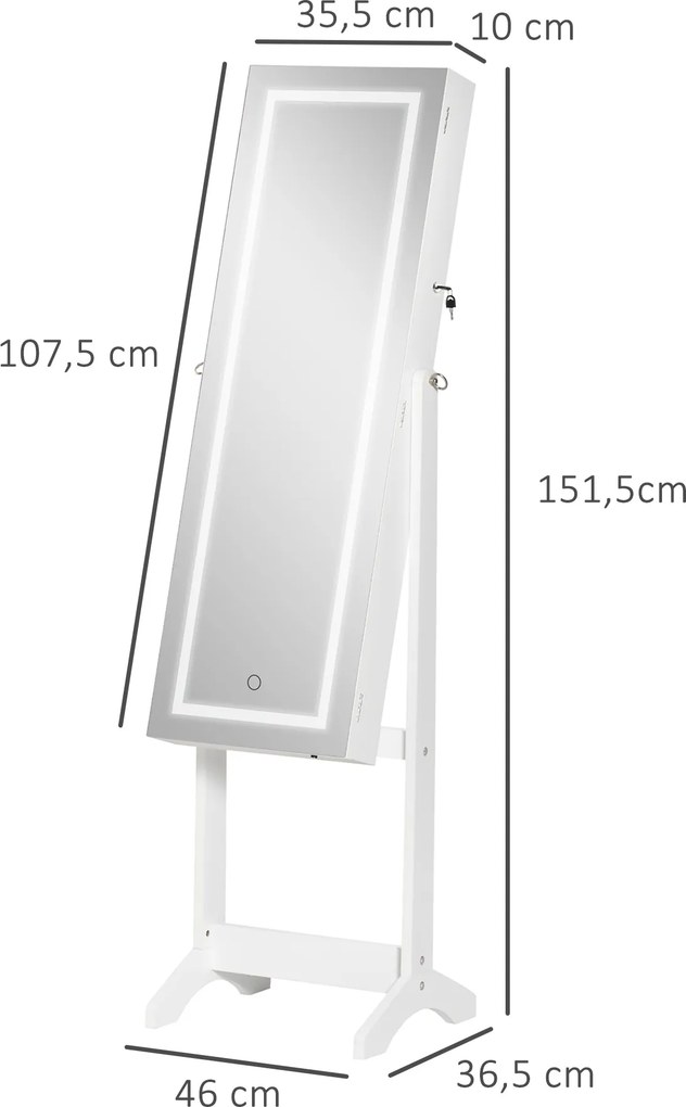 HOMCOM šperkovnice se zrcadlovou skříňkou s LED, stojací zrcadlo se 4 policemi, 46 x 36,5 x 151,5 cm