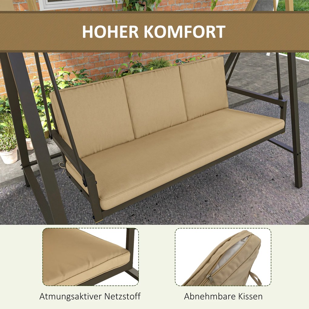 3-Sitzer Hollywoodschaukel, Gartenschaukel, verstellbares Sonnendach, 200 cm x 125 cm x 175 cm, Beige + Braun