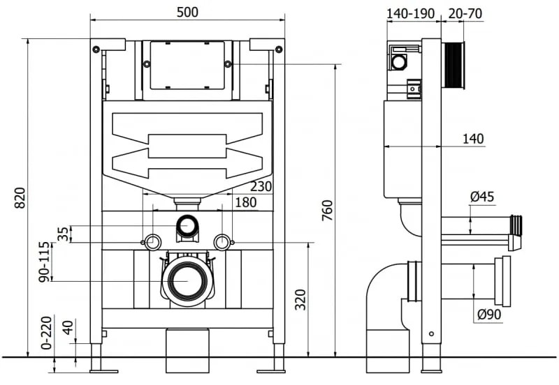 Mexen Fenix Air XS-F, snížený podomítkový modul s pneumatickým splachováním zepředu pro závěsné WC h82 w50 cm, 6A800