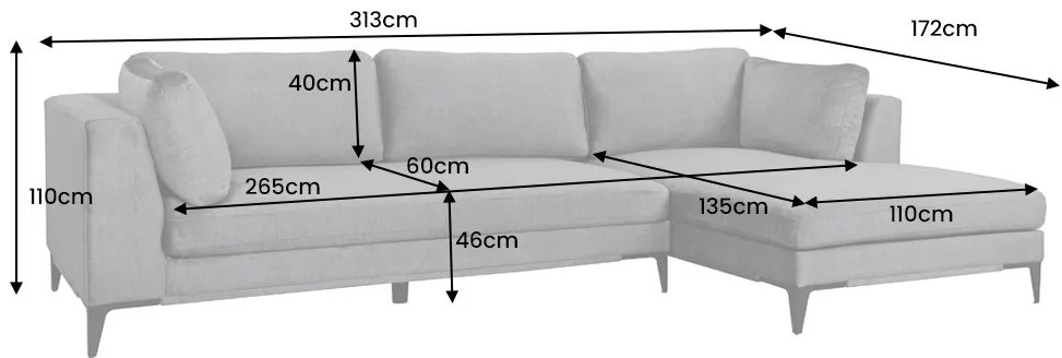 Designová rohová sedačka Sashanique 313 cm šedý samet - pravá