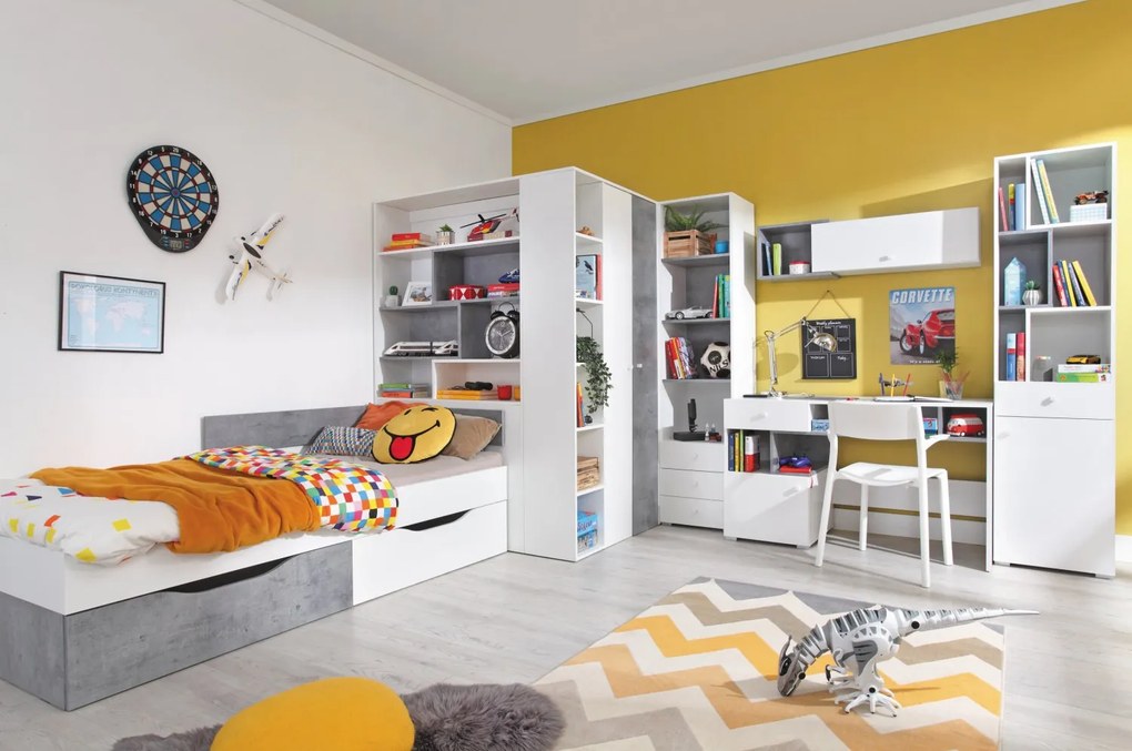 Rohová šatní skříň SIGMA SI1 Bílá lux + beton