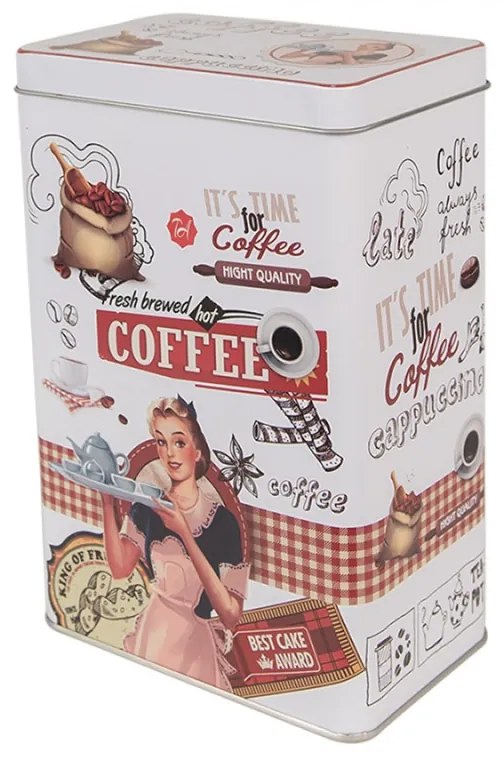 Plechová úložná krabička bílo-červené barvy It´s Time For Coffee – 8x12x21 cm