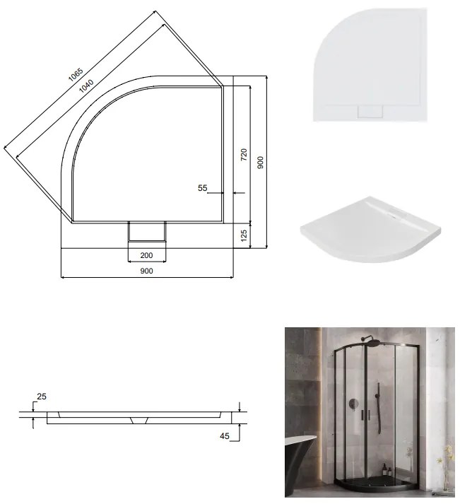 Besco Axim UltraSlim čtvrtkruhová sprchová vanička, black stone Rozměr vaničky: 80x80cm