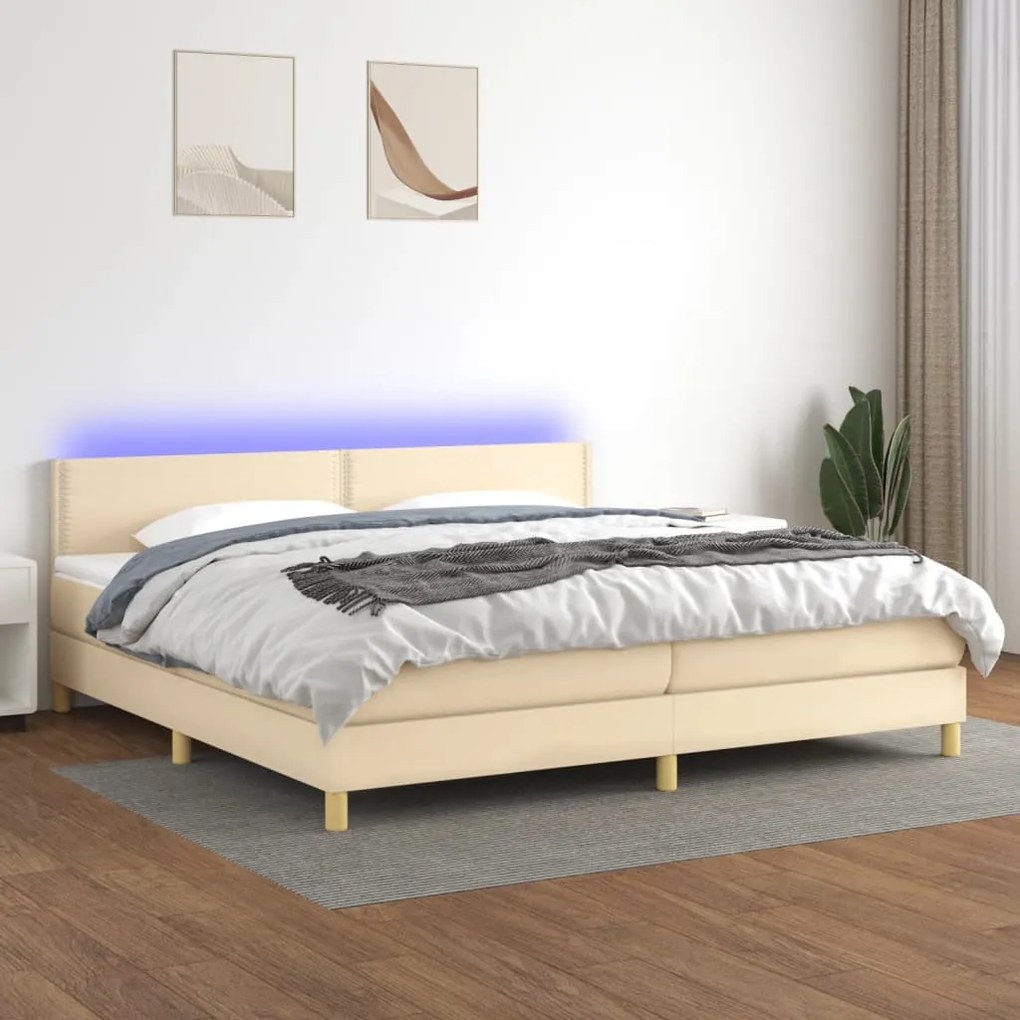 Box spring postel s matrací a LED krémová 200x200 cm textil
