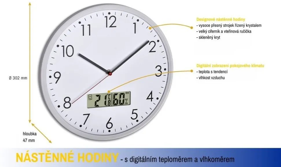 Analogové nástěnné hodiny s digitálním teploměrem a vlhkoměrem TFA 60.3048.02