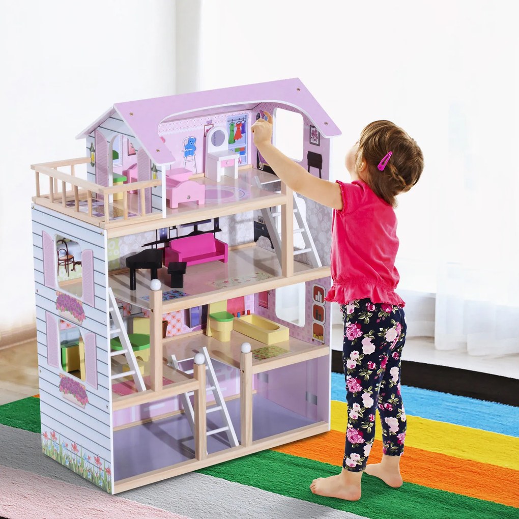 HOMCOM Dřevěný Domeček pro Panenky se 4 Patry a Nábytkem Výška 80,5 cm se 13 Doplňky pro Dívky 60,5x30x80,5 cm Růžový