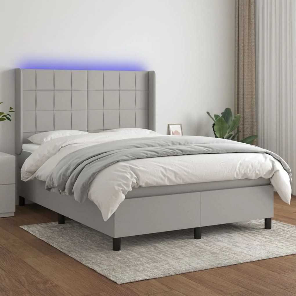 Box spring postel s matrací a LED světle šedá 140x200 cm textil 3138317