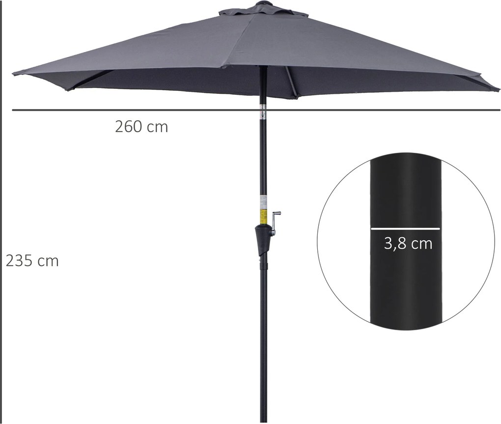 Zahradní slunečník Outsunny z hliníku Ø260x235 cm s naklápěcí konstrukcí, klikou a 6 kovovými tyčemi pro venkovní terasu a balkon - Šedý
