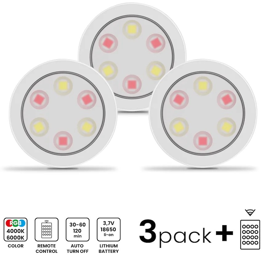 LED svítidlo Jojo, 1x LED 0,6w 3000-6000k, w, RGB, ovladač, sada 3ks