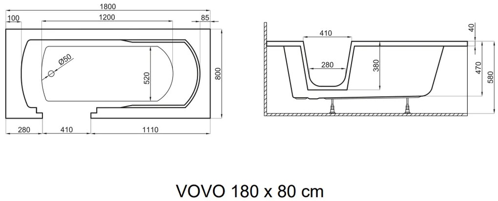 Polimat Vovo 180x80 sedací akrylátová vana s dvířky