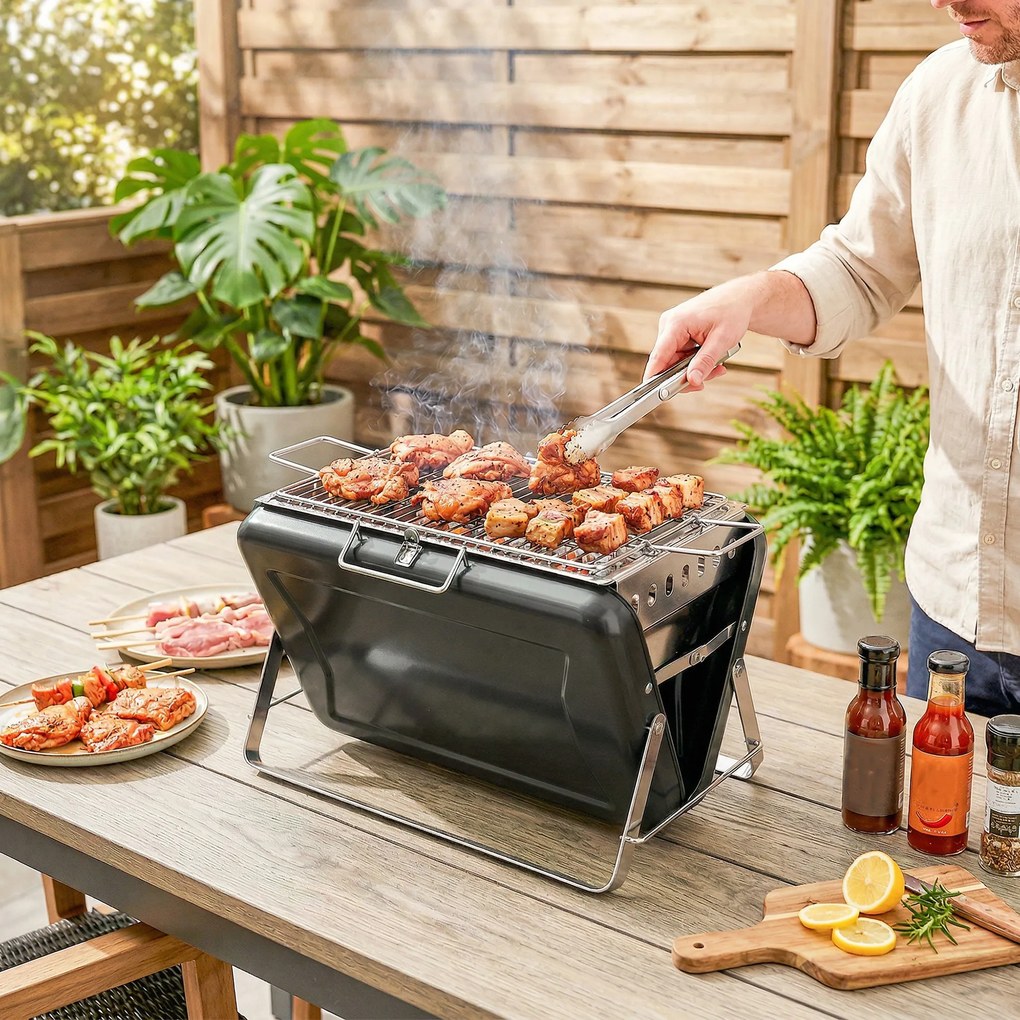 Outsunny Gril na dřevěné uhlí z nerezové oceli BBQ udírna s grilovacím roštem rukojeť skládací nohy pro grilování kempování 40x28x25,5cm černá