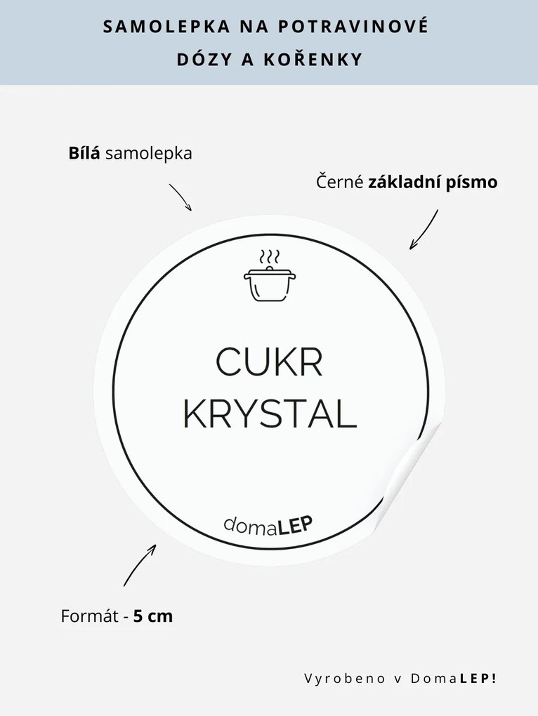 Samolepka na dózu CUKR KRYSTAL – bílá, 5 cm, základní písmo
